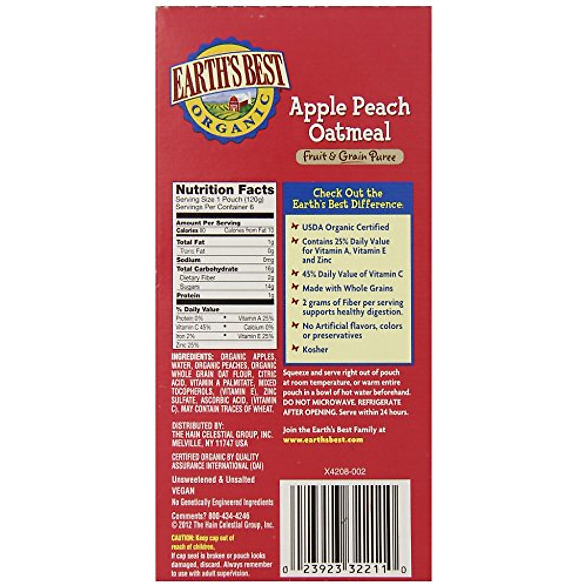 Earth's Best Organic Stage 2, Apple, Peach & Oatmeal, 4.2 Ounce Pouch (Pack of 6)