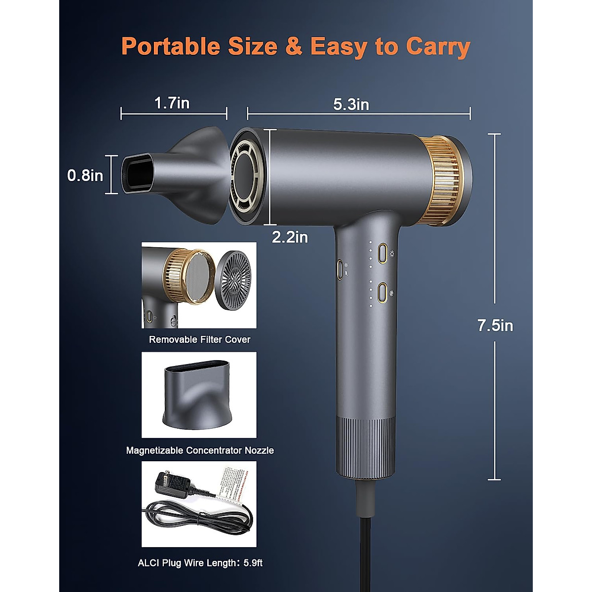 Edvision Hair Dryer with Nozzle, 200 Million Negative Ionic Blow Dryer, 110000rpm High-Speed Brushless Motor for Fast Drying, Powerful 1300W Low Noise Auto-Cleaning Thermal-Control Hairdryer, Grey