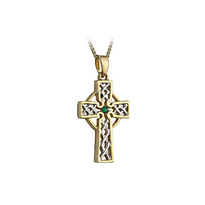 Biddy Murphy Celtic Gold Plated Cross Necklace, Emerald Green CZ Cubic Zirconia Stone, Woven Filigree Silver Plated Inlay, 18" in, Irish Pendant Jewelry for Women, Made in Ireland