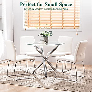 SICOTAS Round Dining Table Set for 4 - Glass Top Kitchen Table and Faux Leather Dining Chairs,Clear Circle Dining Room Table Set,Modern Breakfast Nook Table Set for Dining Room Kitchen Dinette, White