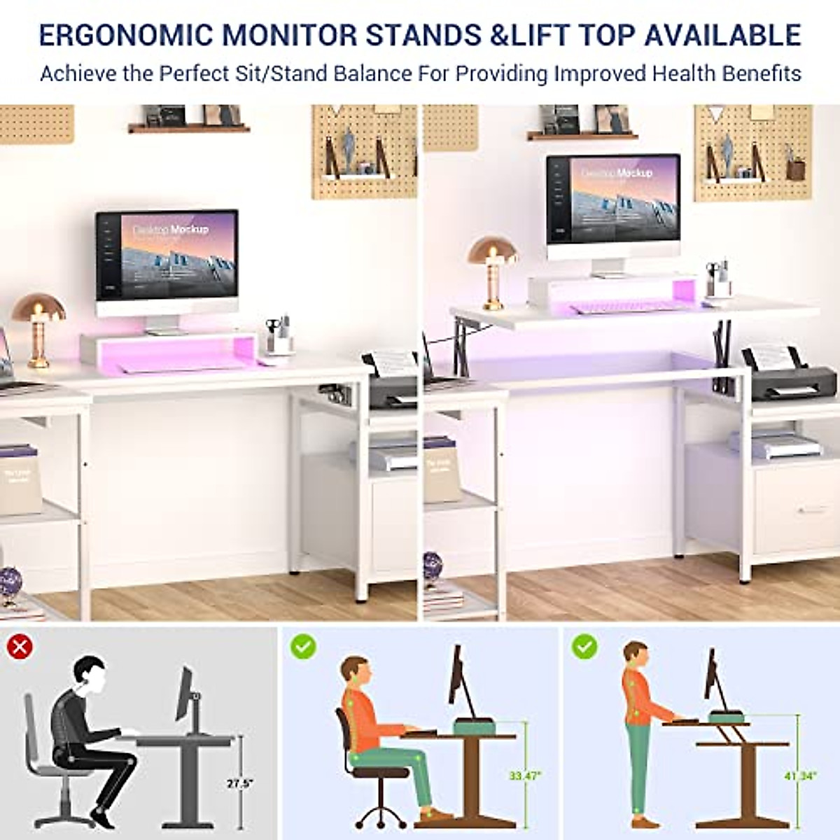 Aheaplus L Shaped Desk with Power Outlet, Standing Home Office Desk with Lift Top and File Drawer, 63'' Corner Computer Desk with Monitor Stand&Printer Shelves, Gaming Desk with Led Lights, White