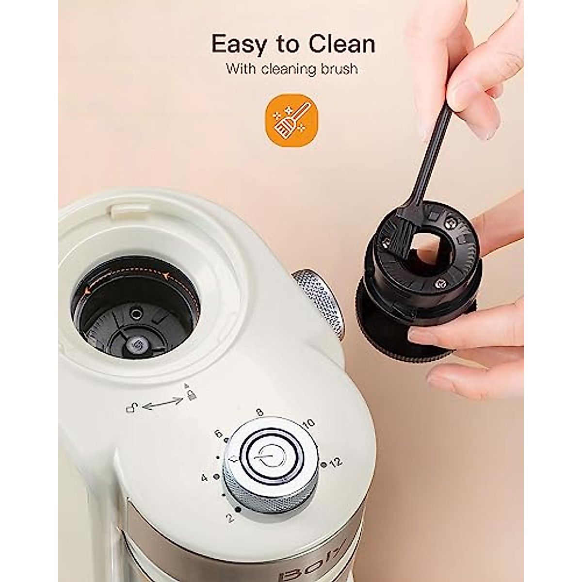 boly Electric Burr Coffee Grinder, Adjustable Burr Mill Coffee Bean Grinder with 18 Grind Settings, Burr Coffee Grinder for Espresso, Drip Coffee and French Press, White