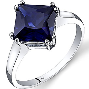 PEORA Created Blue Sapphire Solitaire Ring for Women 14K White Gold, 3.25 Carats Princess Cut 8mm, Size 7