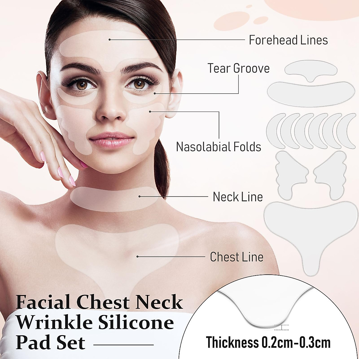 32 Pcs Facial Chest Neck Silicone Pad Reusable Face Forehead Patches Facial Sleeping Mask Cover for Smoothing Chest Neck Forehead Eye Mouth (Clear,Pink)