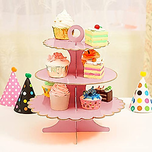Cupcake Stand,3 Set of 3-Tier Dessert Plates Mini Cakes Fruit Candy Display Tower Cookie Tray Rack Candy Buffet Holder Cake Stand Cardboard Cupcake Stand Tiered Serving Stand (Pink)