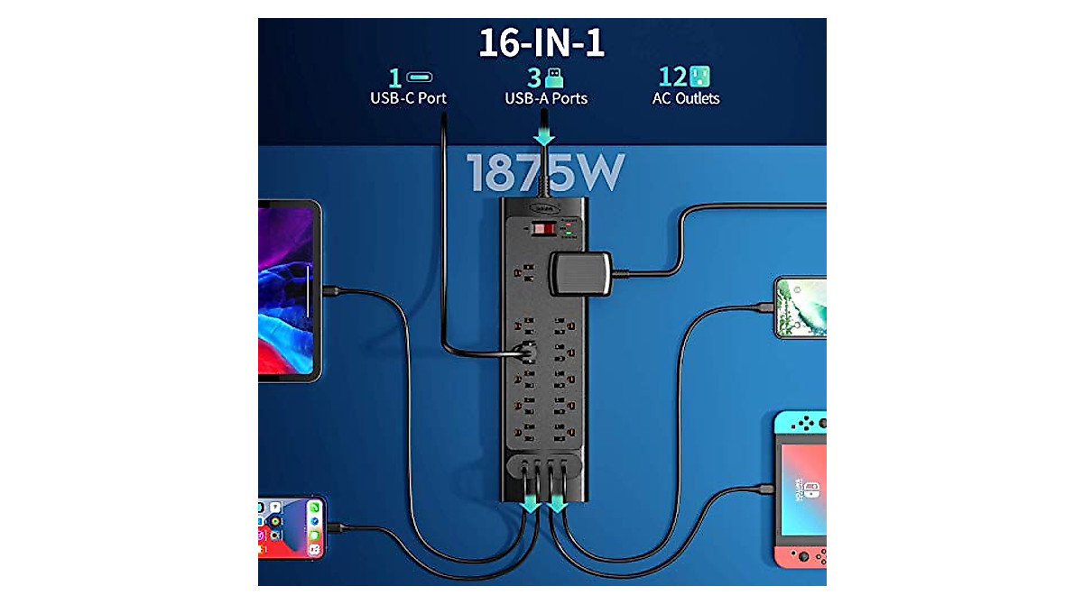 Power Strip with 12 Outlets & 4 USB Ports | Bototek Surge Protector