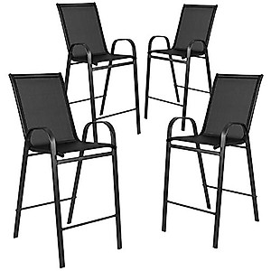 EMMA + OLIVER 4 Pack Brazos Series Black Outdoor Barstool with Flex Comfort Material and Metal Frame