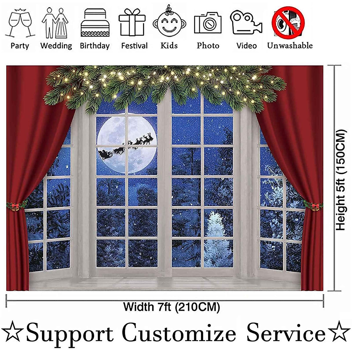 Allenjoy 7x5ft Christmas Window Photography Backdrop Winter Wonderland Snow Tree Starry Sky Moon Reindeer Santa Xmas Photocall Background Party Banner Decor Baby Kids Family Photo Shoot Booth Props