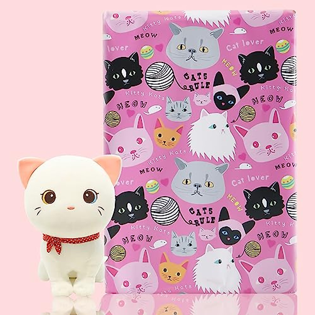 Dtiafu Cat Wrapping Paper for Girls Kids Women - 12 Sheets Pink White Gift Wrap with Cat Fish Patterns for Birthday Baby Shower Cat Party - 20 x 28inch Per Sheet