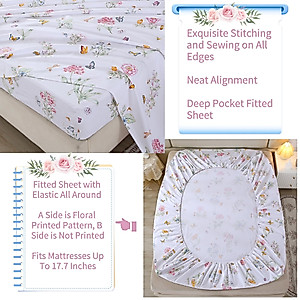 RYNGHIPY Egyptian Cotton Bed Sheets Full Size Set Garden Botanical Flowers Butterfly Sheets Set with Pillowcases Ultra Soft and Breathable Deep Pockets (White,Full Size)