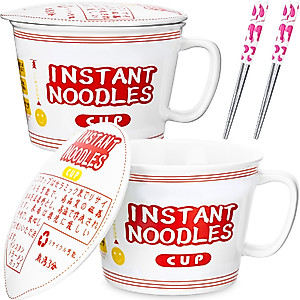 Norme 2 Sets Ramen Bowl Set with Chopsticks 34 oz Instant Ramen Noodle Bowls with Lid Cute Soup Mug Instant Noodles Cup Large Japanese Soup Bowls with Handle for Kitchen