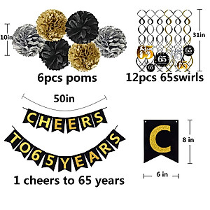 Famoby 65th Birthday Party Decorations Set- Gold Glittery Cheers to 65 Years Banner,Poms,12Pcs Sparkling 65 Hanging Swirls for 65th Birthday Decorations 65 Years Old Party Supplies