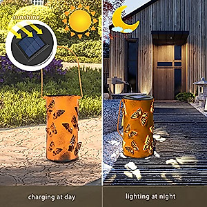 Greenidea 2 Pack Hanging Solar Lanterns Retro Solar Lights with Handle, Outdoor Solar Garden Lights Decor with Butterfly Pattern for Yard Tree Lawn Fence Patio-Yellow