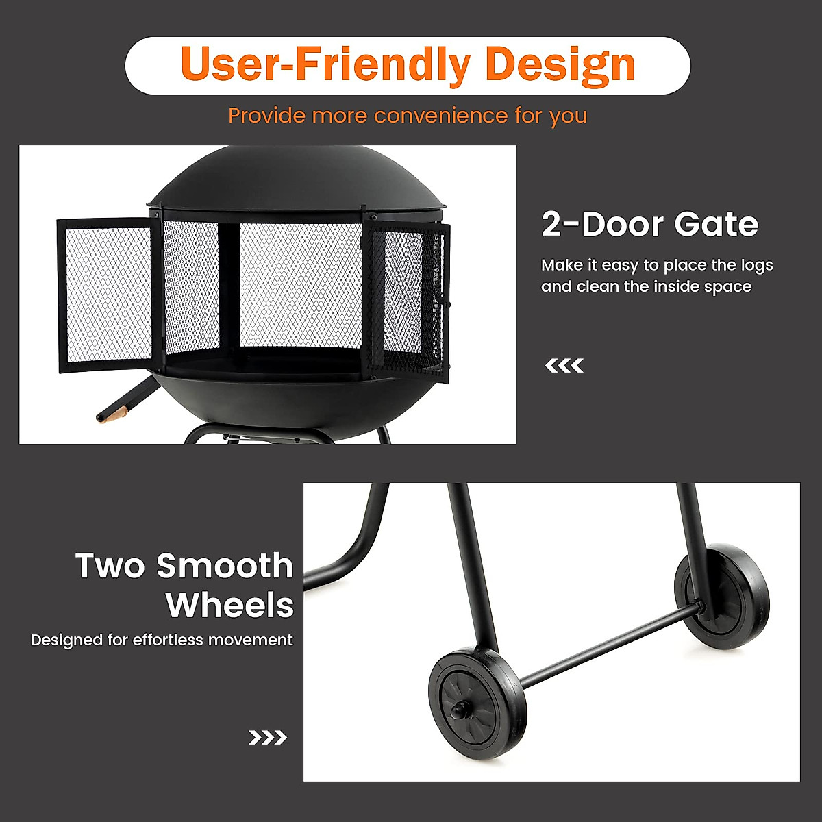 Giantex 28" Portable Fire Pit on Wheels, Outdoor Mobile Wood Burning Firepit w/Log Grate, Fire Poker, Heavy-Duty Steel Frame & Solid Metal Top, 2-Door Gate, Rolling Fire Pits for Entertaining Camping