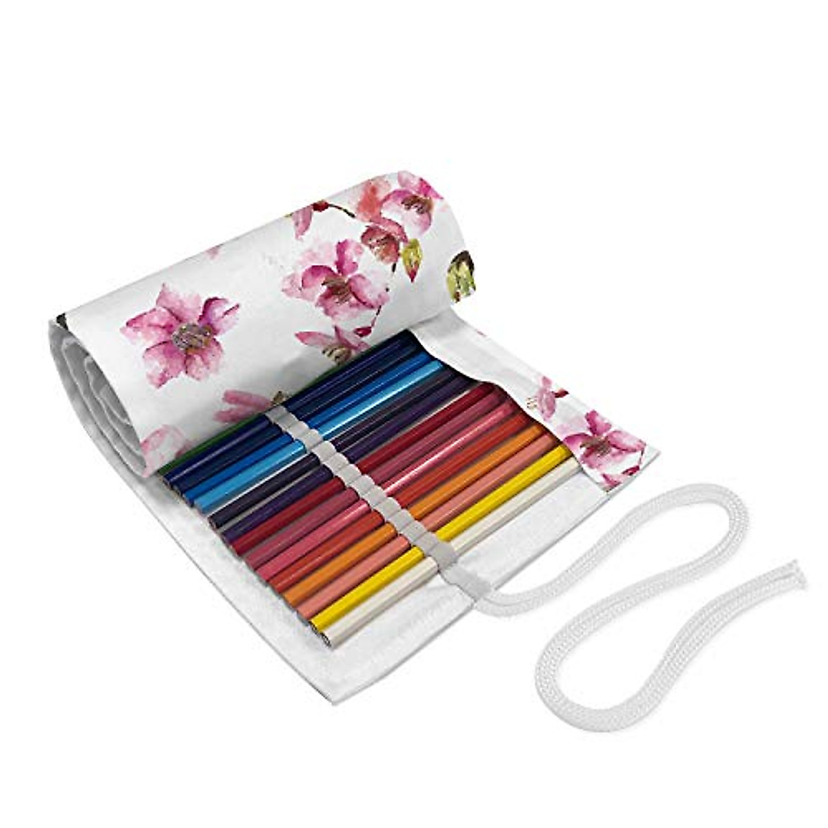 Ambesonne Cherry Blossom Roll Up Pencil Holder, Watercolor Style Oriental Pattern with Sakura Branch, Painting Drawing Pencils Case for Artists Students, 72 Loops, Hot Pink Green Brown