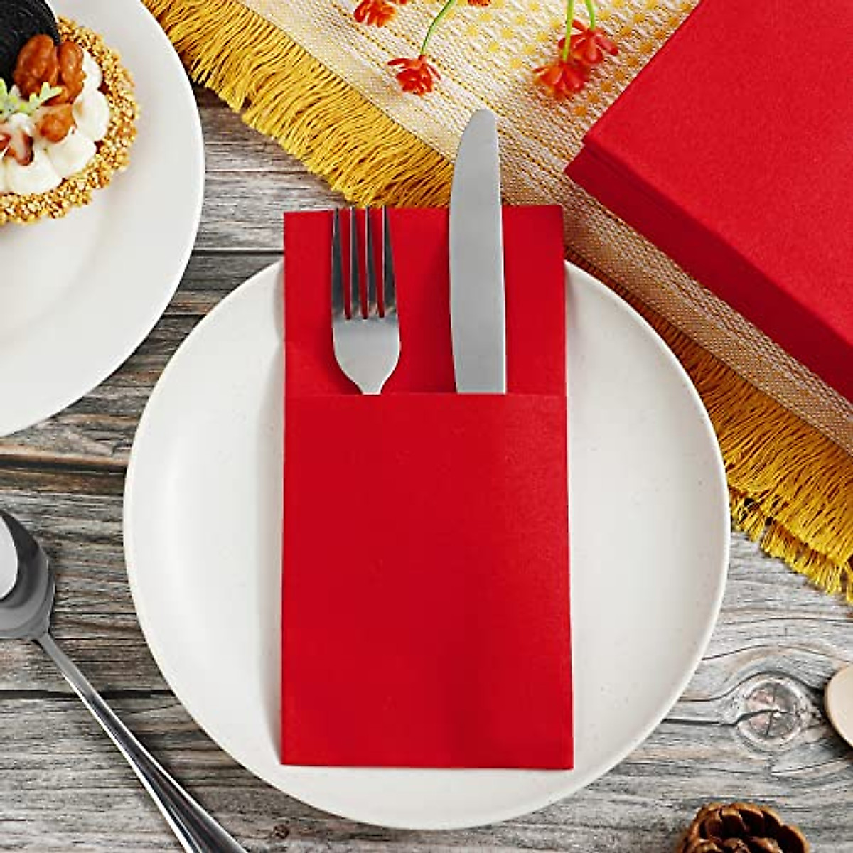 Linen-Feel Flame Red Paper Napkins, Cloth Like Dinner Napkins with Built-in Flatware Pocket, Pre-Folded Christmas Napkins Disposable Guest Paper Hand Towels for Kitchen, Events Party Napkins 50 Pack