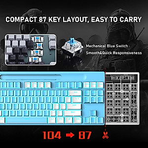Bluetooth Mechanical Gaming Keyboard with Multi Backlit 87Key Anti-Ghosting Ergonomic Wired/Wireless 2.4Ghz USB Receiver Rechargeable 3300mAh Battery for PC Mac Gamer Typists (Blue White/Blue Switch)