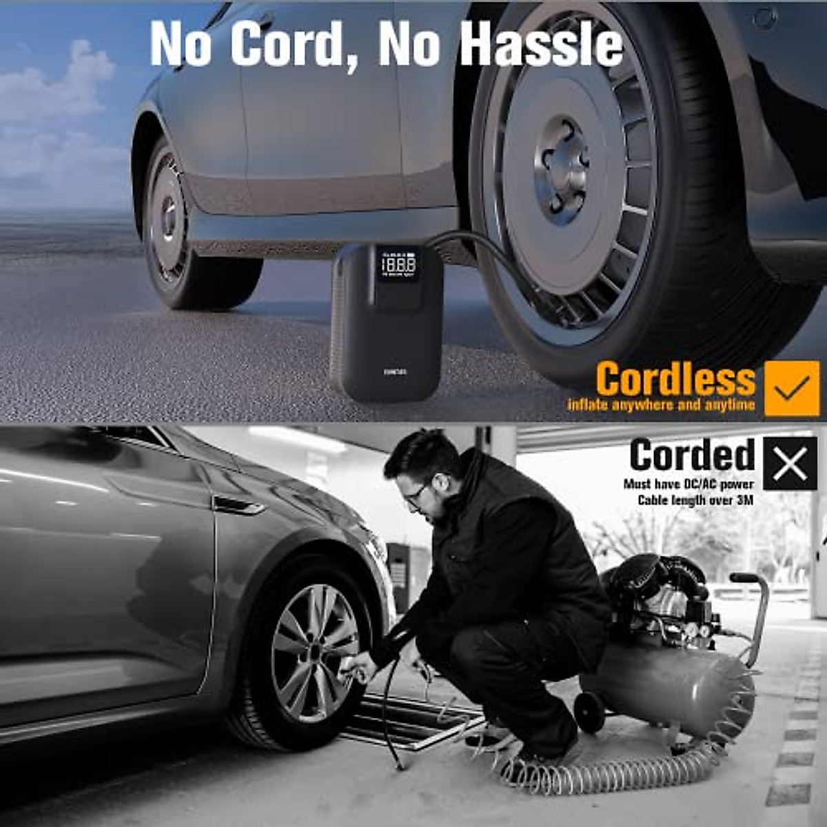 Enntas Tire Inflator Portable Air Compressor Rechargeable, Fast Inflation & Auto-Off, Led Light and Accurate Pressure Readings with Digital Gauge for Cars, Motorcycles, Balls, All Bikes