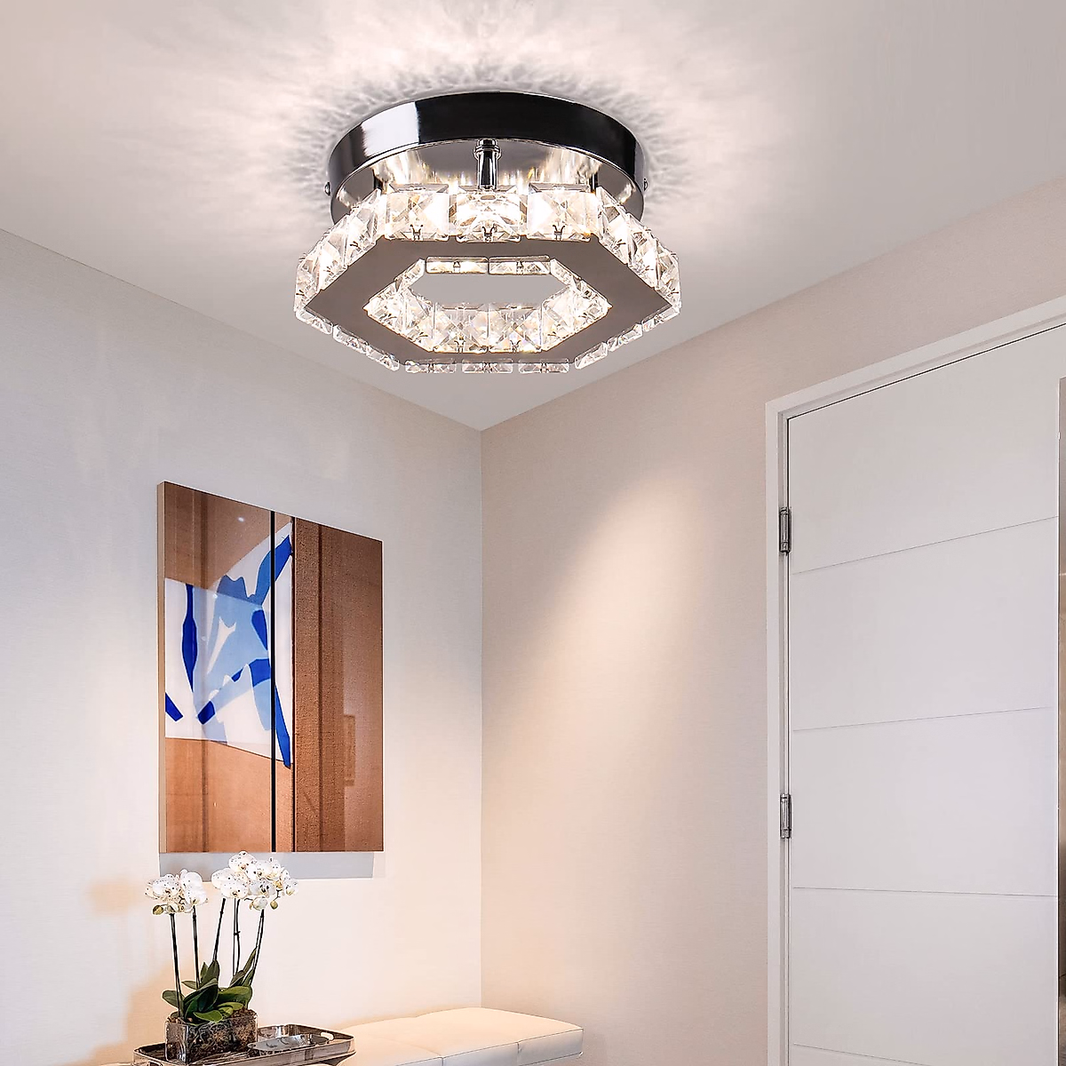 Cainjiazh Mini Chandelier LED Crystal Chandelier Lighting Flush Mount Ceiling Light Fixture Modern Ceiling Crystal Lamp for Hallway Bar Staircase Kitchen Bedroom (Multicolor)