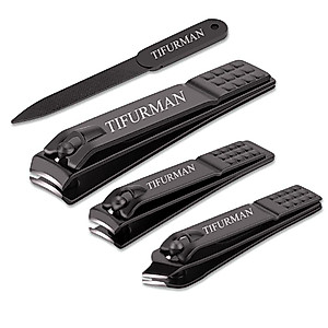 Nail Clippers Set, TIFURMAN Stocking Stuffers, Fingernail & Thick Toenail & Ingrown Nail Clippers & Nail File, Perfect 4 pcs Nail Clippers Cutter for Men and Women(Black)