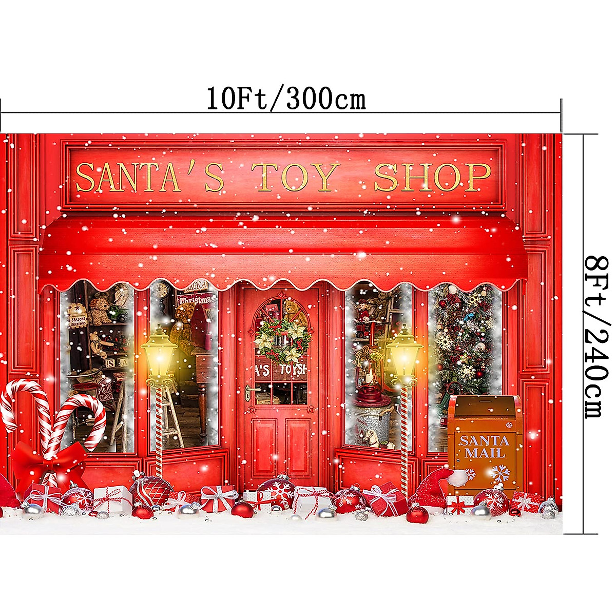 DePhoto Red Christmas Photo Backdrop Santa's Toy Shop Candy Cane in Snow World Xmas Family Holiday Party Banner Photography Background Supplies Decor Studio Prop PGT673C 10x8ft