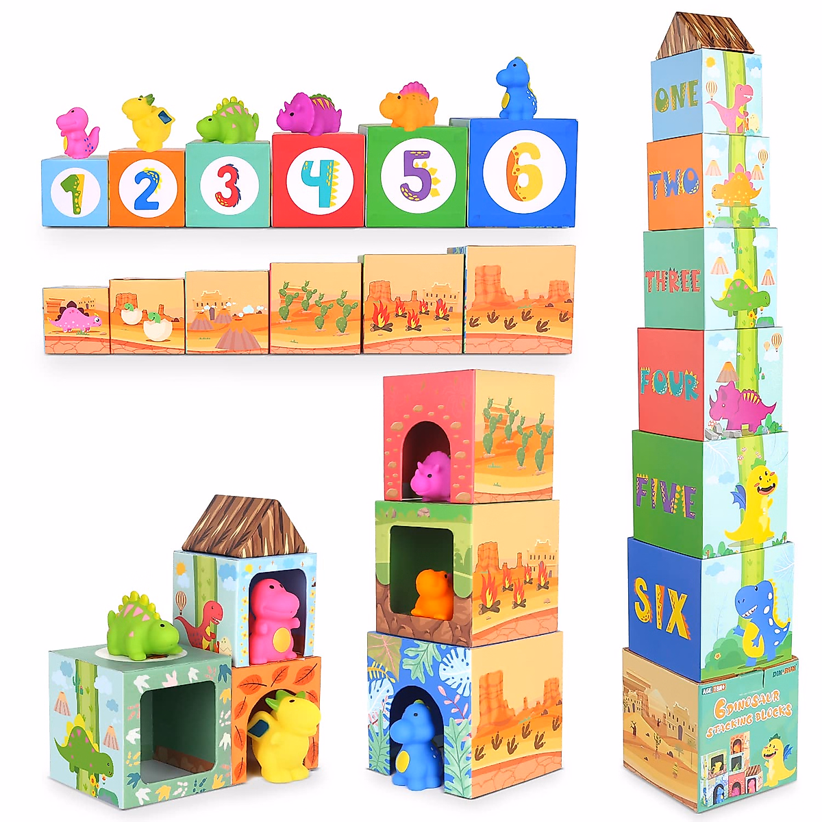 DINORUN Toys for 1 year old, Sorting & Stacking Blocks, Number Nesting Boxes for 1-3 Kids Preschool Learning, Toddlers Montessori Toy Christmas Birthday Gift for Boys Girls Age 1 2 3