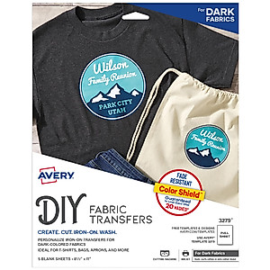 Avery Printable Heat Transfer Paper for Dark Fabrics, 8.5" x 11", Inkjet Printer, 5 Iron On Transfers (3279)