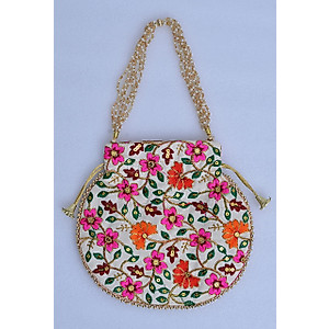 Truesellershop Designer Embroidered Potli Bag for Women Indian Ethnic Printed Silk Batwa Pearls Handle Purse Clutch Evening Party, Wedding, Gifts Her (Design-9), Off White