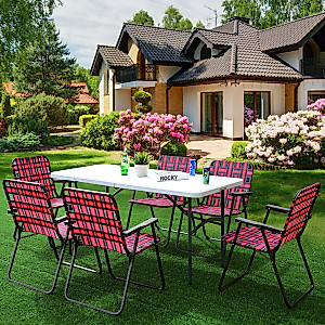 6 PCS Folding Lawn Chairs Set, Portable Outdoor Patio Chairs w/Stable Metal Frame & Armrests, Webbed Folding Beach Chairs Set for Lawn Patio Garden Backyard (Red)