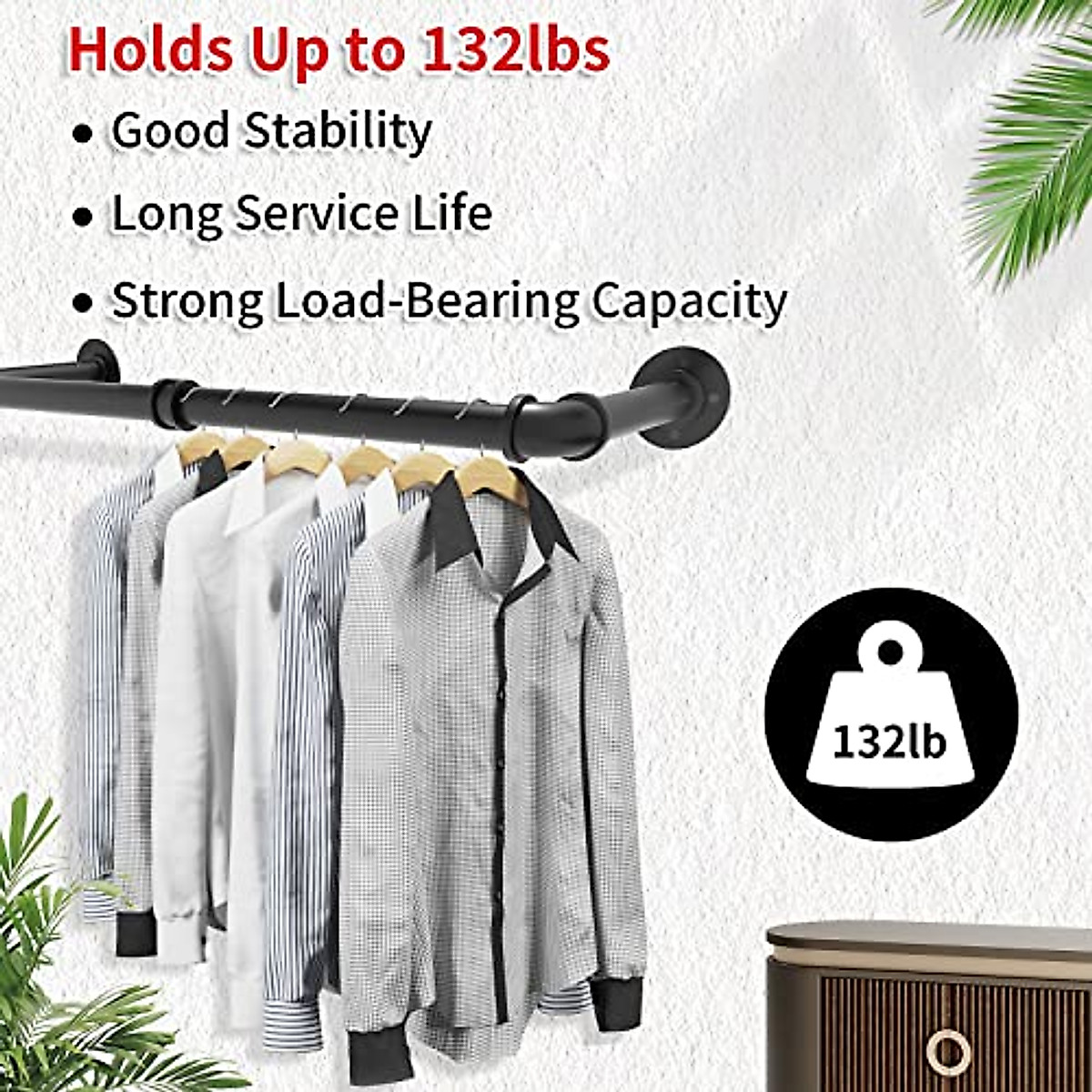 PNBO Wall Mounted Clothes Rack 72" Set of 2,Industrial Pipe Clothing Rack Wall Mounted Max Load 135Lb,Wall Mounted Garment Rack Space-Saving,Clothes Hanging Rod Bar Multi-Purpose Hanging