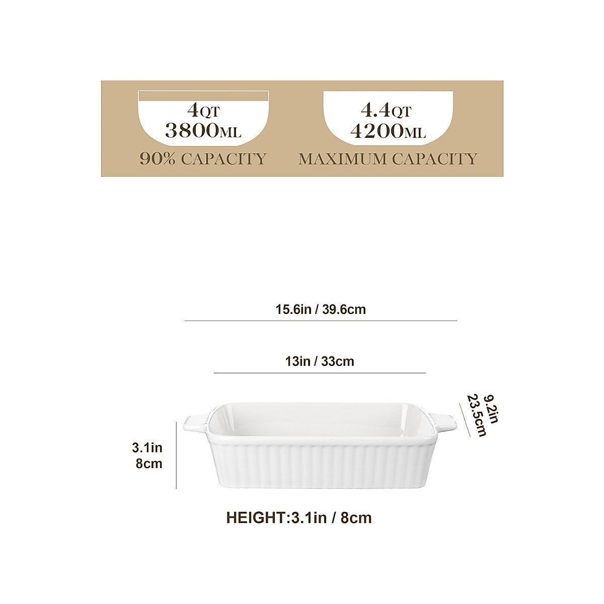 MALACASA 4.4 QT Baking Dish, 9x13 Large Casserole Dish for Oven, Ceramic Baking Pan, Rectangular Lasagna Pan Deep with Handles for Baking, Durable Microwave Oven Safe, White, Series BAKE-BAKE