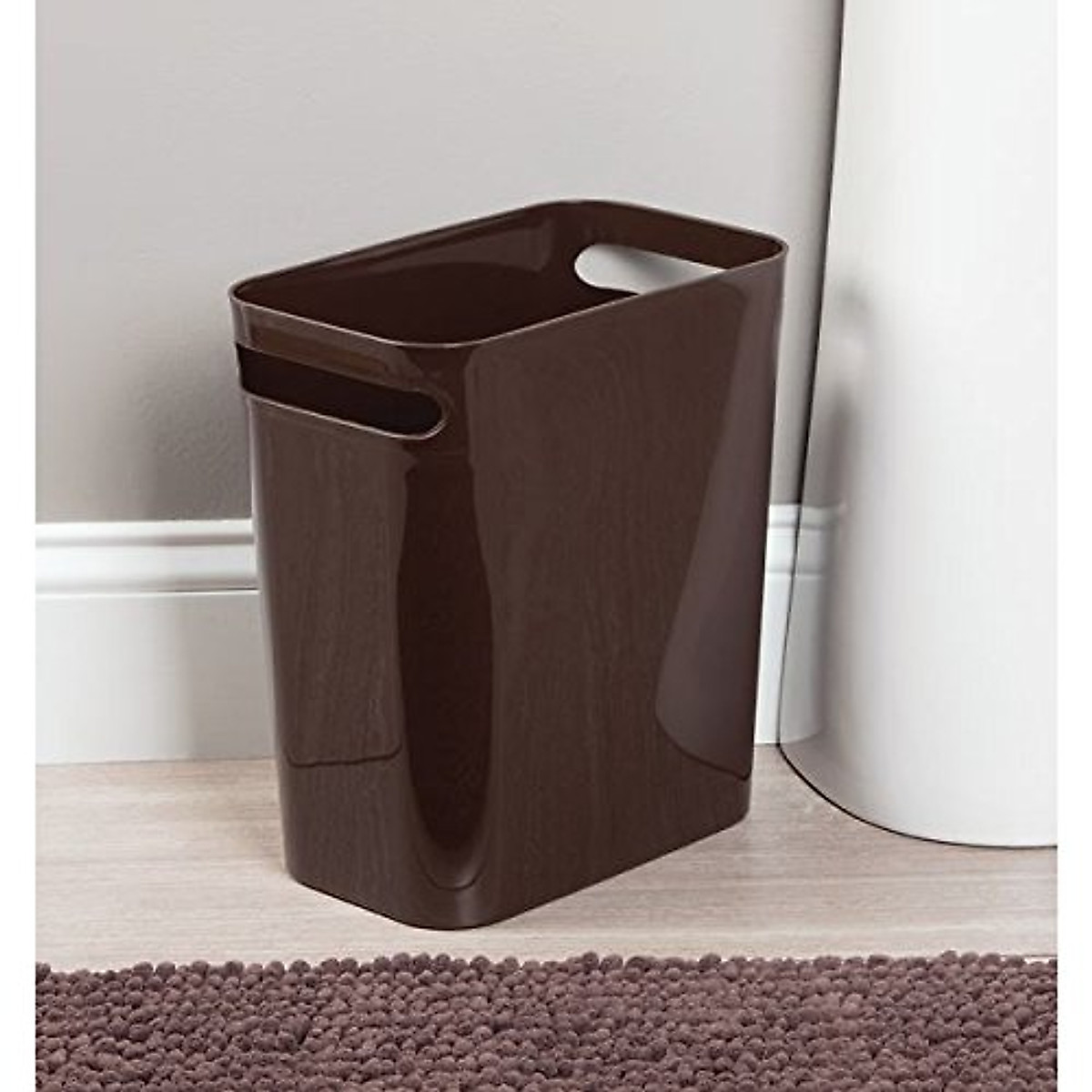 InterDesign Una Rectangular Trash Can with Handles, Waste Basket Garbage Can for Bathroom, Bedroom, Home Office, Dorm, College, 12-Inch, Dark Brown