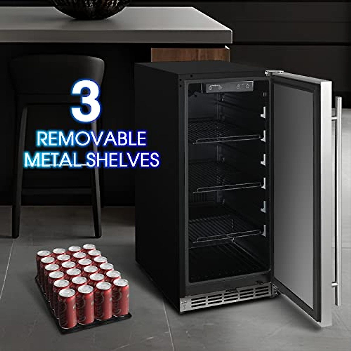 HCK Beverage Refrigerator 15 Inch, Under Counter Beverage Fridge with Stainless Steel Door, 3.18 cu.ft Built-in and Freestanding Outdoor Mini Fridge for Patio, Outdoor Kitchen, Soda and Beer