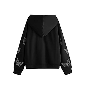 SweatyRocks Women's Butterfly Rhinestone Zip Up Hoodie Black L