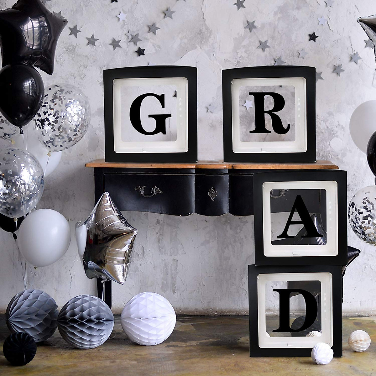 LINGTEER Class of 2023 Black Balloons Box Graduation Party Decorations - 4Pcs Balloon Boxes Cheers to School Grad Party Decorations Supplies.