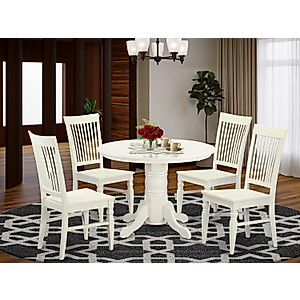 East West Furniture SHWE5-WHI-W 5 Piece Modern Dining Table Set Includes a Round Kitchen Table with Pedestal and 4 Dining Chairs, 42x42 Inch, Linen White