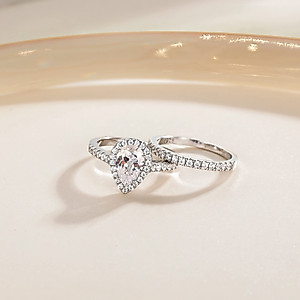 EAMTI 1.5CT 925 Sterling Silver Wedding Band Teardrop Bridal Rings Sets Halo Cubic Zirconia Solitaire Promise Engagement Rings for Women Size 6