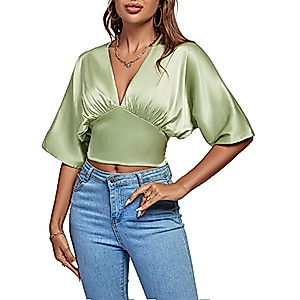 LYANER Women's Satin Deep V Neck Ruched Blouse Shirred Back Batwing Short Sleeve Crop Top Light Green X-Large