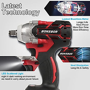 BONSBOR Cordless Impact Wrench Kit 1/2" 520Nm, Brushless Impact Driver Electric Drill with 2 Rechargeable Li-ion Batteries, Socket Set 14mm 17mm 18mm 19mm 21mm 22mm