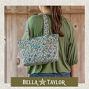 Bella Taylor Country Floral Feedsack Collection, Quilted Cotton Small Shoulder Tote Bag with Zipper for Women, Delicate Floral Blue