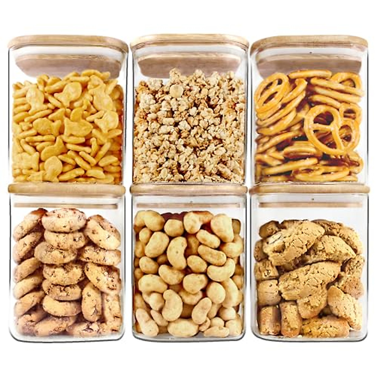 Glass Jars with Bamboo Lids, Square Glass Jar with airtight lids of 6 pack of 28oz, Square glass storage jars with airtight lids, Glass Food Storage Containers with airtight lids, Glass Panty Jars