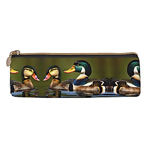 DRTGEDS Two Mallard Ducks Fashion Multifunctional Leather Pencil Case With Large Storage Capacity Pencil Pouch