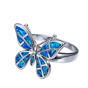 Bohemian Ring Opal Butterfly Ring for Women Engaged Wedding Rings Engagement Ring Party Ring for Girls (Blue, 7) Stainless Steel Blue Rose Gold White Purple