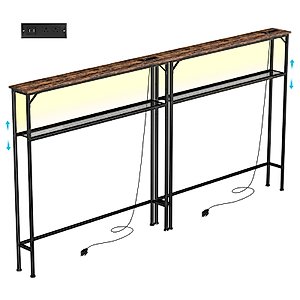 Tatub 78.8" Behind Couch Table with 2 Power Outlets&Led Light, Narrow Console Table Rustic Sofa Table, Industrial 2Tier Skinny Entryway Table with Metal Frame for Living Room - 2 Packs