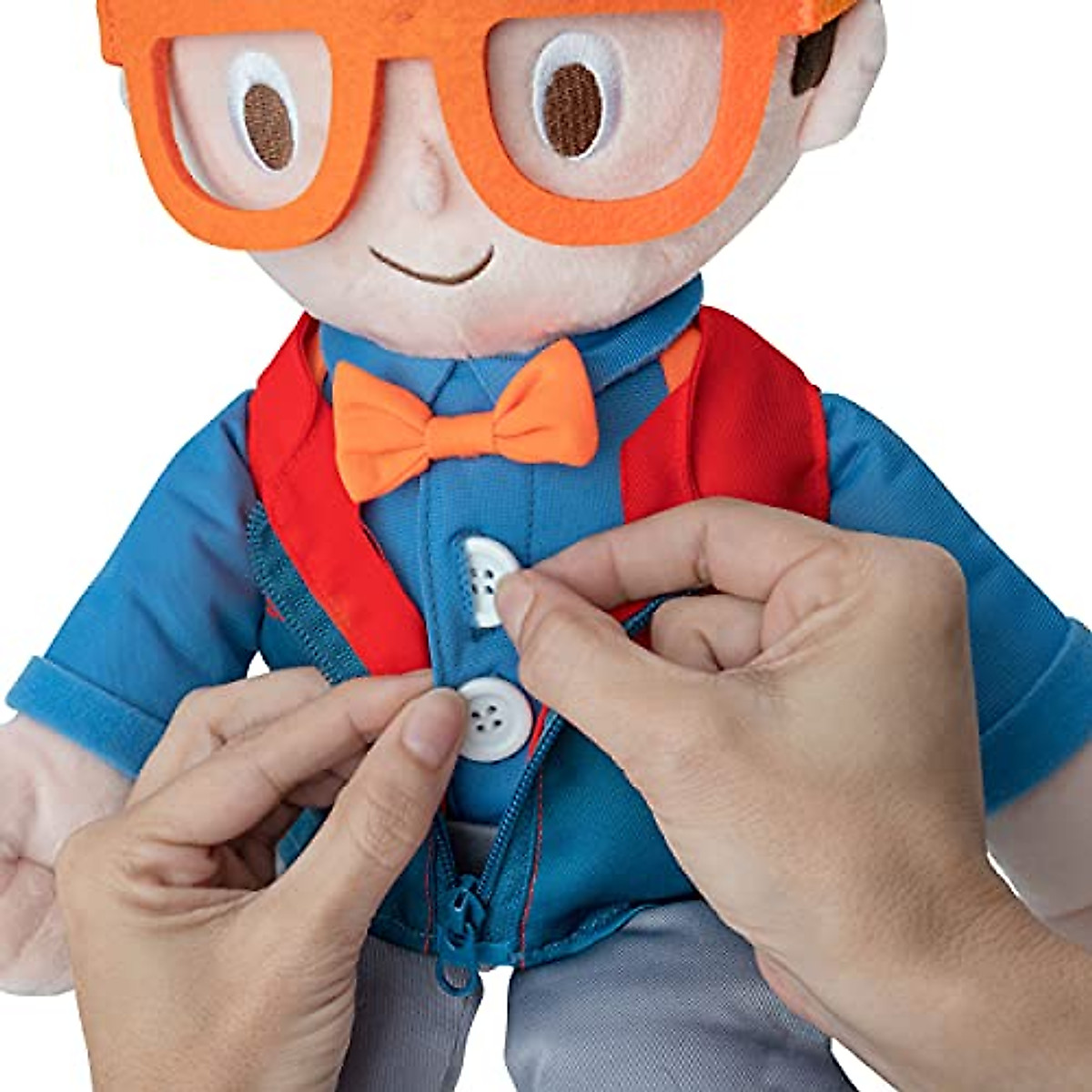 Blippi Get Ready and Play Plush - 20-inch Dress Up Plush with Sounds, Teaches Children to Tie Shoes, Button Shirts, Snap Suspenders, Zip Vest-Jacket, Roll Sleeves and Socks and More - Amazon Exclusive