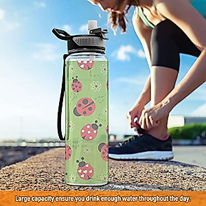 xigua Ladybug Water Bottle with Straw Lid,32 oz Leakproof Sport Water Bottle with Wide Handle for Gym,Cycling,School,Travel