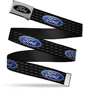 Buckle-Down Ford Oval Logo Brushed Silver/Black - 1.25" CAM Chrome - Ford Oval REPEAT w/Text Webbing