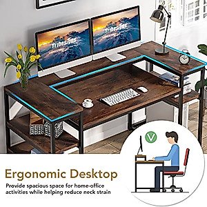 Tribesigns 63 Inches Computer Desk with Open Storage Shelves, Large Office Desk with Monitor Shelf & CPU Stand, Study Writing Table Workstation with Printer Stand for Home Office(Brown)