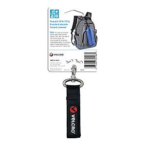 VELCRO Brand VEL-30196-USA Easy Hang Strap with Carabiner Clip Attach Water Bottles and Accessories to Bikes, Bags and more. Organization for Garden, Shed, RV. Extra Small-1Pk, Black