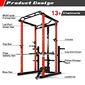 RitFit Squat Rack Power Cage Home Gym Package, Includes 1000LBS Power Rack with LAT Pull Down, Weight Bench, Rubber/Bumper Plates Set with Olympic Barbell (Package 1.6K (Bumper Plate 230LBS))-Orange